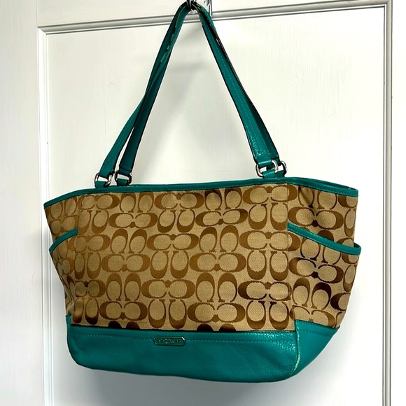 Coach | Bags | Coach Park Signature Carrie Tote Bag Brown Fabric Teal ...